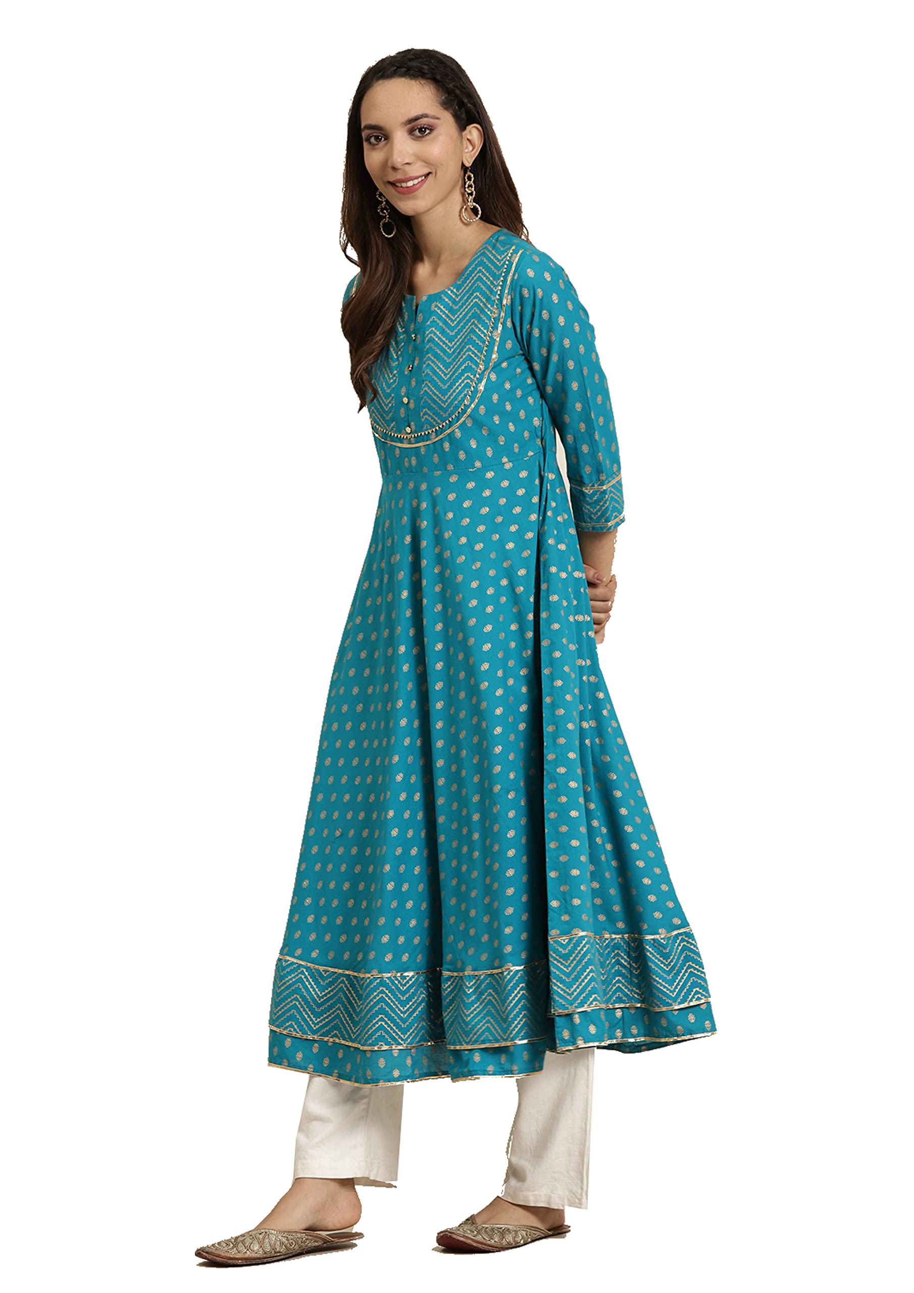 Yash Gallery Women's Cotton Blend Floral Print Anarkali Kurta (Blue)