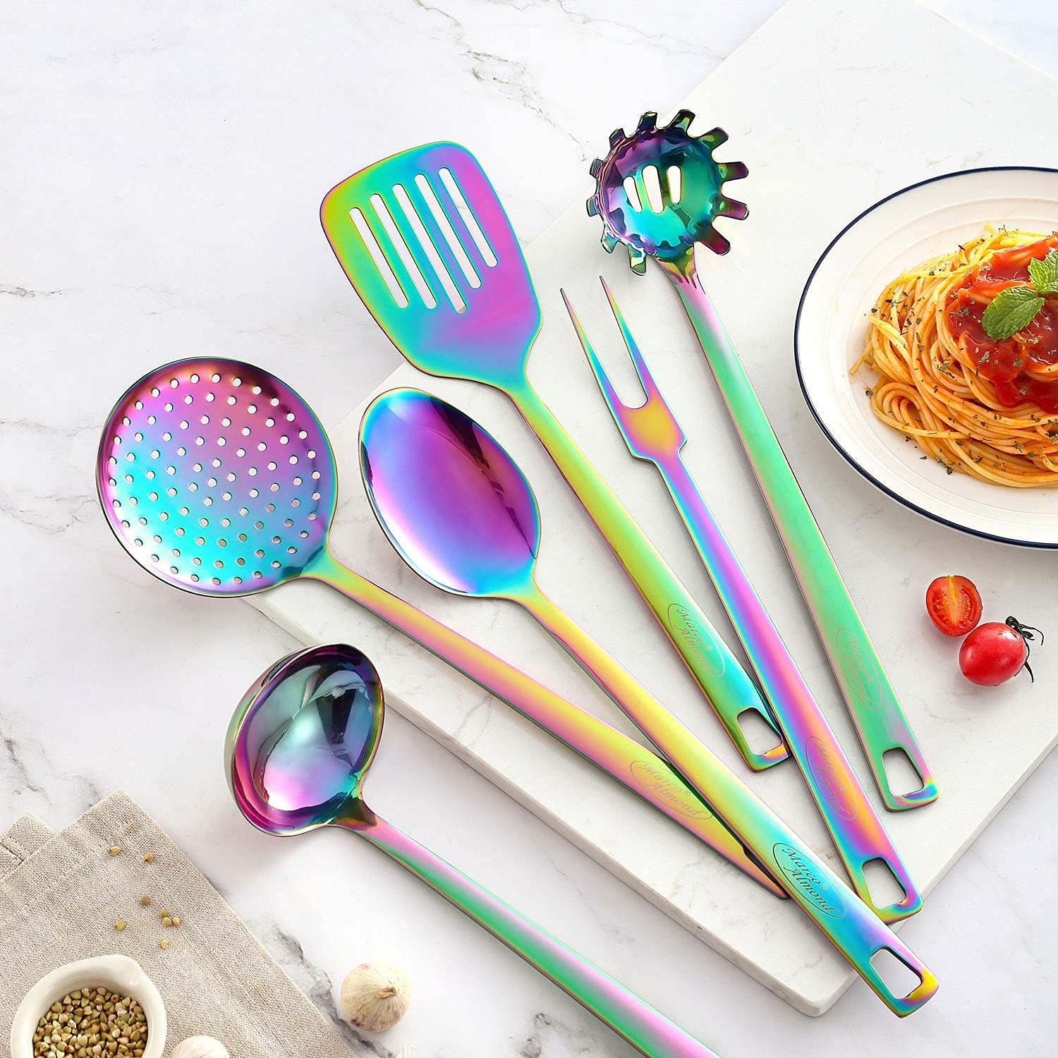 Marco Almond® Kitchen Utensil Set, Stainless Steel Cooking Utensils Sets with Titanium Plated, 7 PCS Kitchen Turner, Serving Spoon, Ladle, Skimmer Spoons, Fork, Pasta Server and Holder, Rainbow