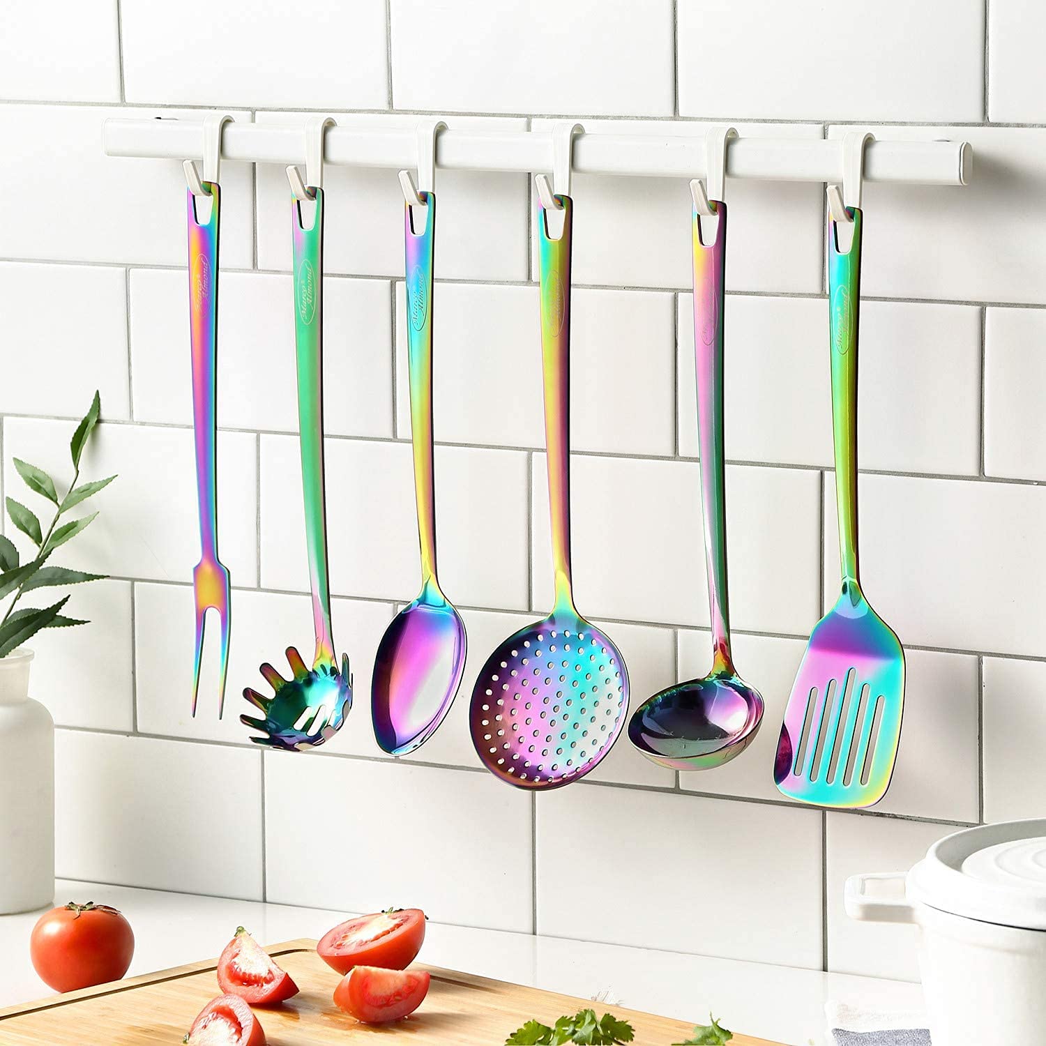 Marco Almond® Kitchen Utensil Set, Stainless Steel Cooking Utensils Sets with Titanium Plated, 7 PCS Kitchen Turner, Serving Spoon, Ladle, Skimmer Spoons, Fork, Pasta Server and Holder, Rainbow