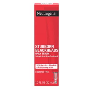 neutrogena stubborn blackheads daily acne facial serum with salicylic, glycolic, polyhydroxy & mandelic acids, oil-free face serum for acne-prone skin to help clear clogged pores, 1 fl. oz