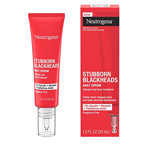 Neutrogena Stubborn Blackheads Daily Acne Facial Serum with Salicylic, Glycolic, Polyhydroxy & Mandelic Acids, Oil-Free Face Serum for Acne-Prone Skin to Help Clear Clogged Pores, 1 fl. oz