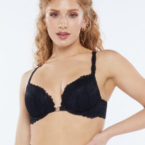 Savage X Fenty, Women's, Romantic Corded Lace Front-Closure Push Up Bra, Caviar, 38DDD