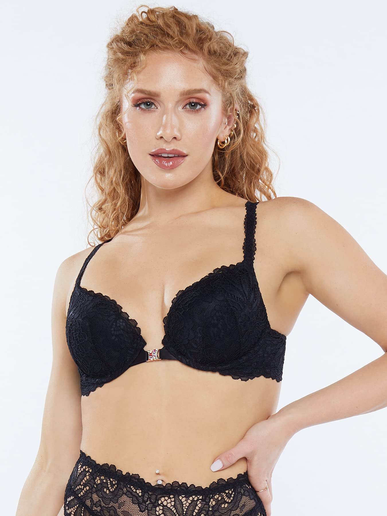 Savage X Fenty, Women's, Romantic Corded Lace Front-Closure Push Up Bra, Caviar, 38DDD