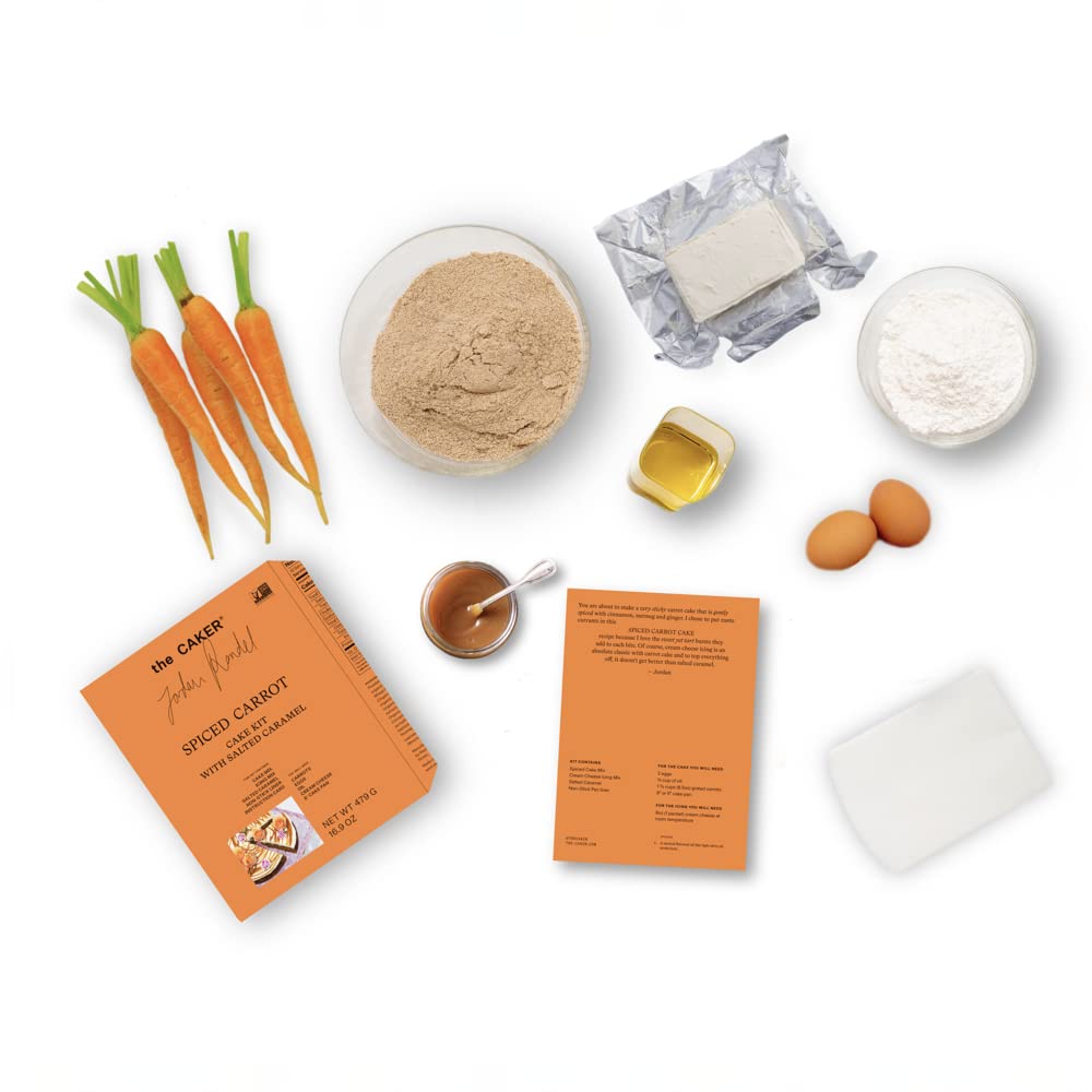 Spiced Carrot w Salted Caramel Cake Kit by The Caker | Luxury Boxed Cake Mixes | Non-GMO | Decorations & Non-Stick Pan Liner Included | Made With Organic Ingredients | 16.9oz