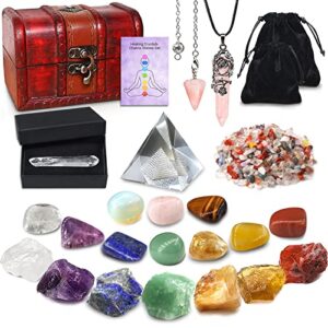 23pcs natural crystals and healing stones set, 7 raw chakra stones,10pcs tumbled stones, pink pillar crystal necklaces & pendulum, white pyramid & pillar, 50g stones assorted, wooden box