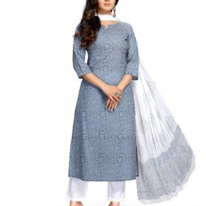 Rajnandini Women's Pure Cambric Cotton Embroidered Kurta Set With Dupatta (JOPLVL212-XL_Grey & White_XL)