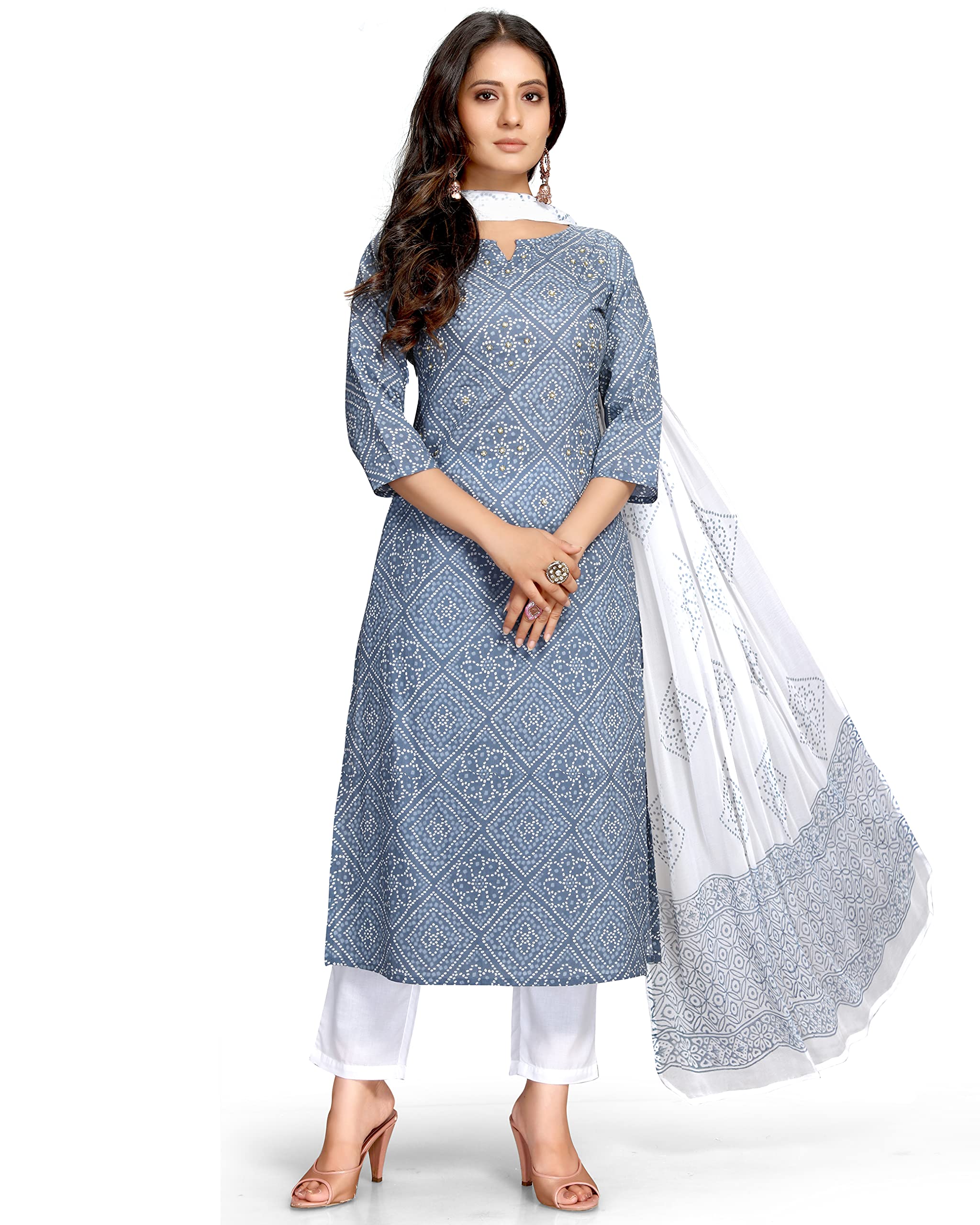 Rajnandini Women's Pure Cambric Cotton Embroidered Kurta Set With Dupatta (JOPLVL212-XL_Grey & White_XL)