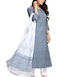 Rajnandini Women's Pure Cambric Cotton Embroidered Kurta Set With Dupatta (JOPLVL212-XL_Grey & White_XL)