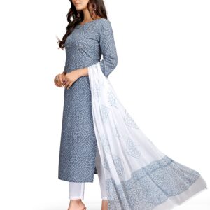 Rajnandini Women's Pure Cambric Cotton Embroidered Kurta Set With Dupatta (JOPLVL212-XL_Grey & White_XL)