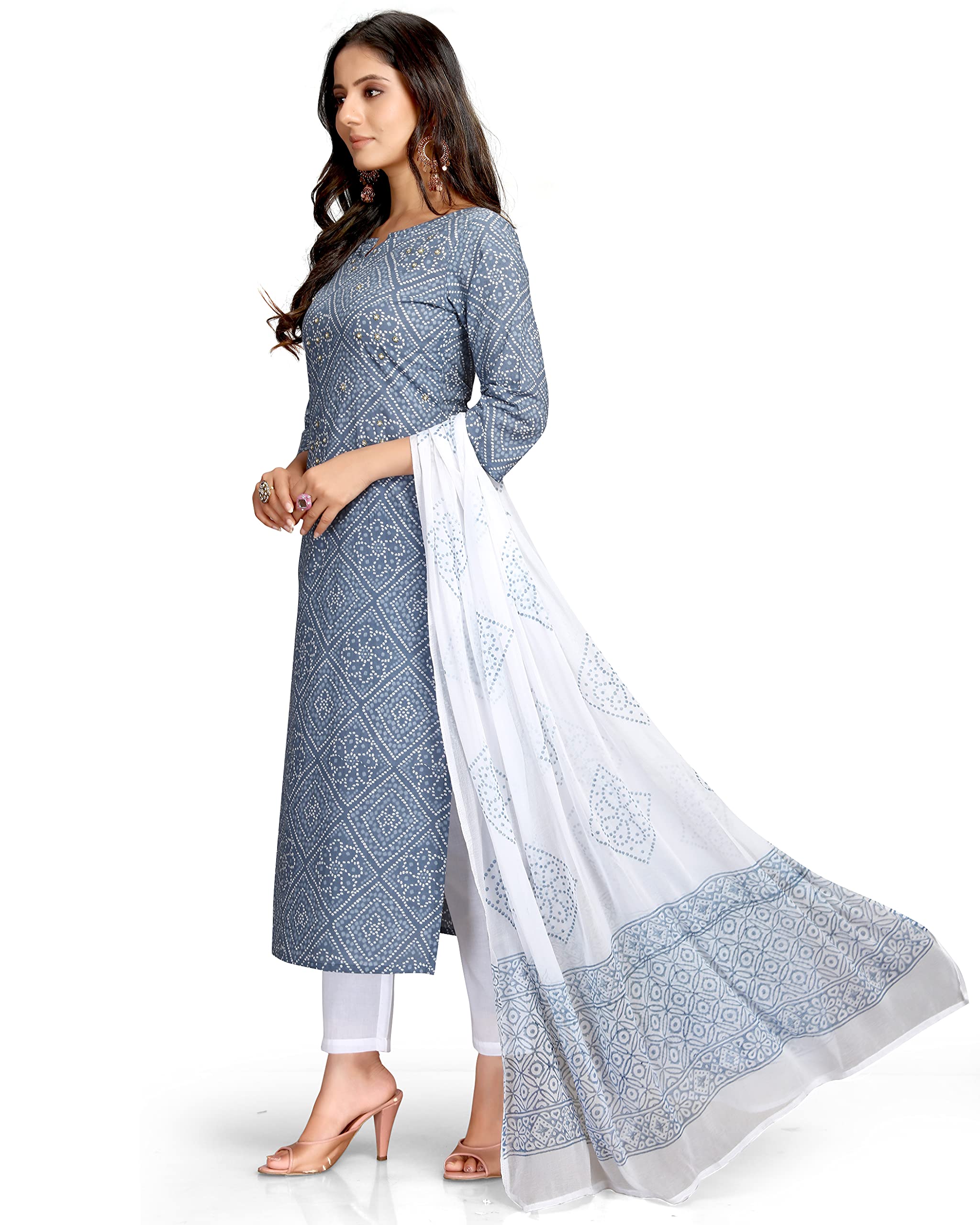 Rajnandini Women's Pure Cambric Cotton Embroidered Kurta Set With Dupatta (JOPLVL212-XL_Grey & White_XL)