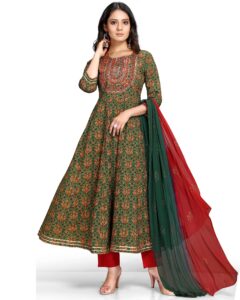 rajnandini women's pure cambric cotton embroidered kurta set with dupatta (joplvl213-xxl_green & red_xxl)