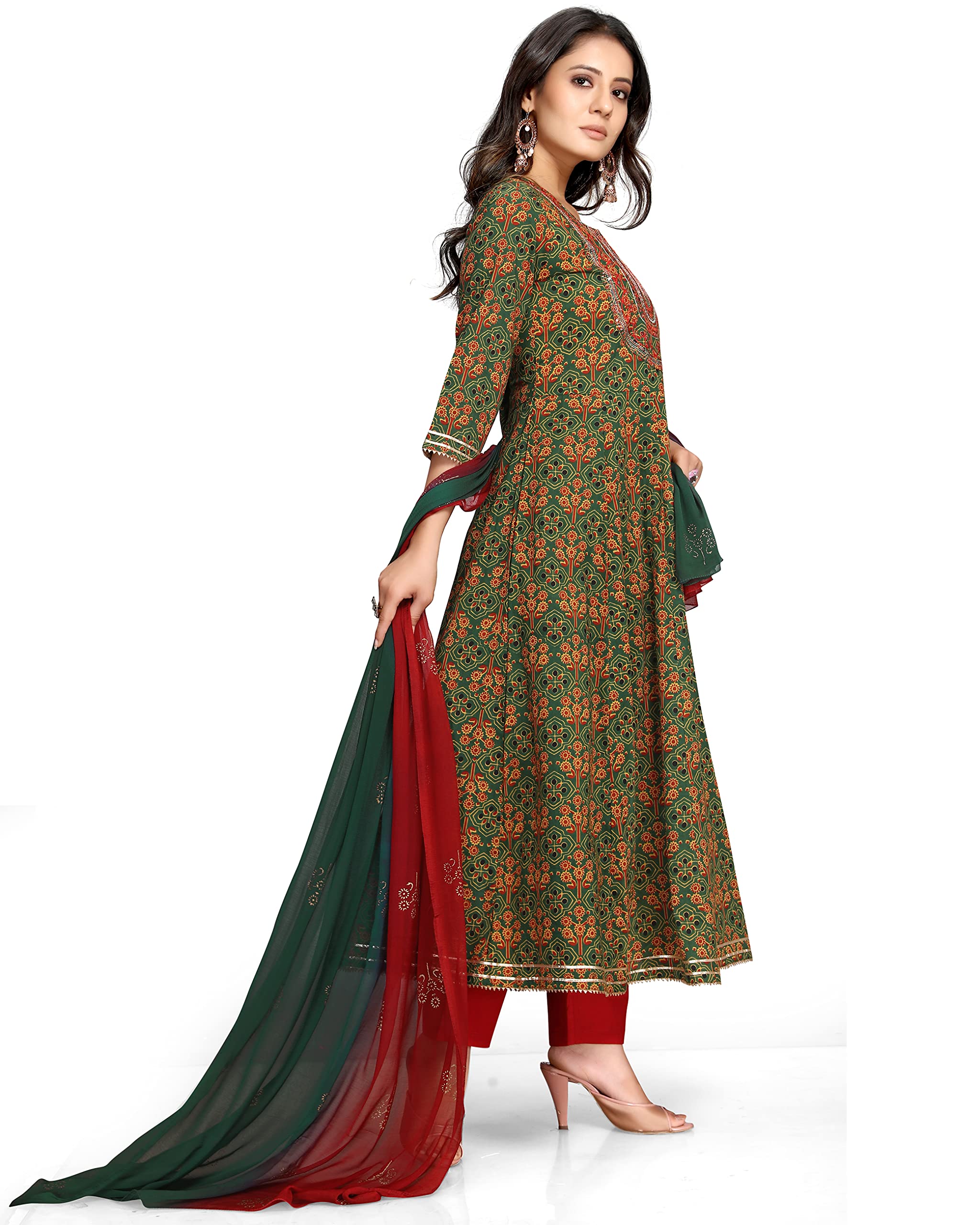 Rajnandini Women's Pure Cambric Cotton Embroidered Kurta Set With Dupatta (JOPLVL213-XXL_Green & Red_XXL)