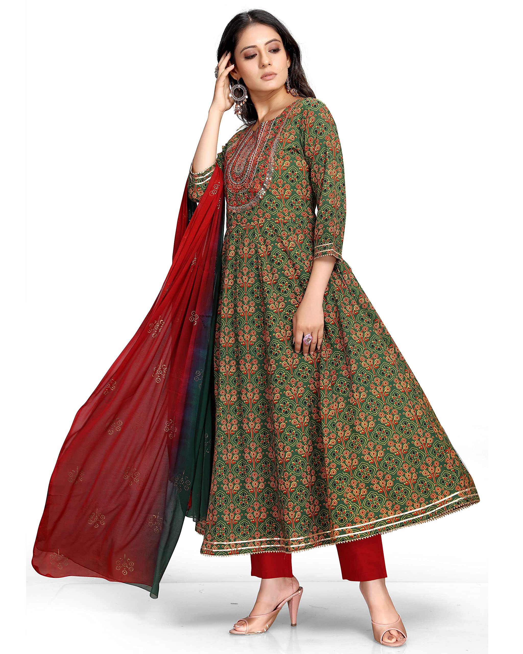 Rajnandini Women's Pure Cambric Cotton Embroidered Kurta Set With Dupatta (JOPLVL213-XXL_Green & Red_XXL)