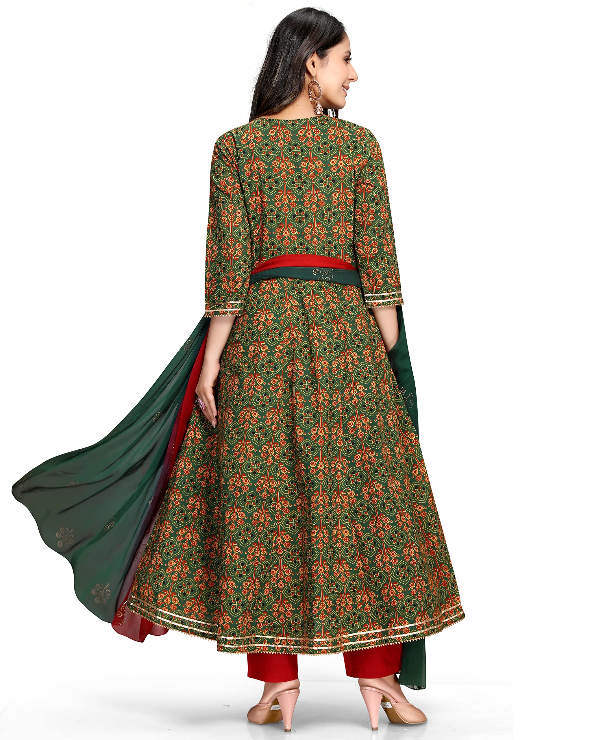 Rajnandini Women's Pure Cambric Cotton Embroidered Kurta Set With Dupatta (JOPLVL213-XXL_Green & Red_XXL)