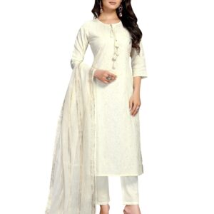 Rajnandini Women's Pure Cambric Cotton Embroidered Kurta Set With Dupatta (JOPLVL214-XXL_Off-White_XXL)