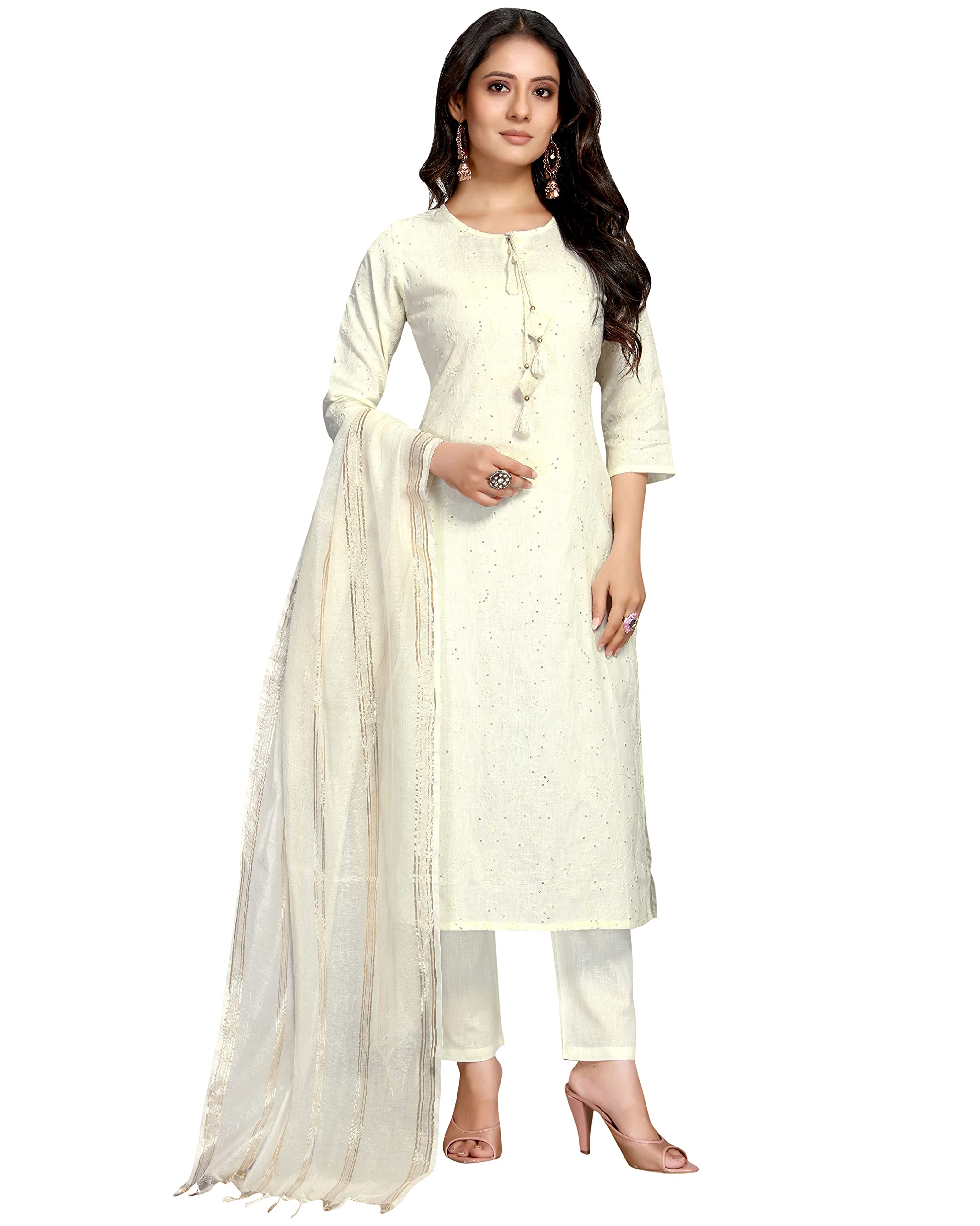 Rajnandini Women's Pure Cambric Cotton Embroidered Kurta Set With Dupatta (JOPLVL214-XXL_Off-White_XXL)