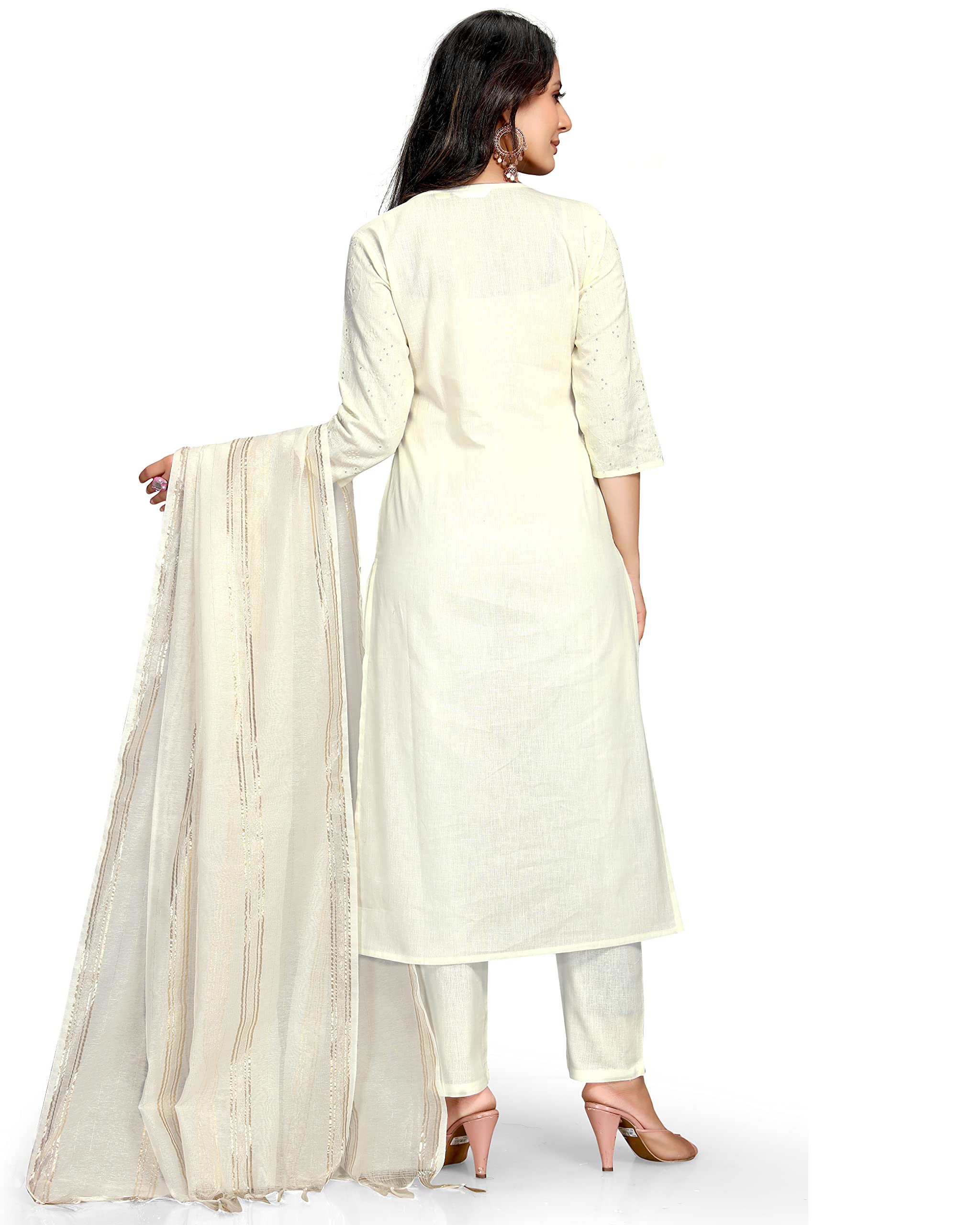 Rajnandini Women's Pure Cambric Cotton Embroidered Kurta Set With Dupatta (JOPLVL214-XXL_Off-White_XXL)