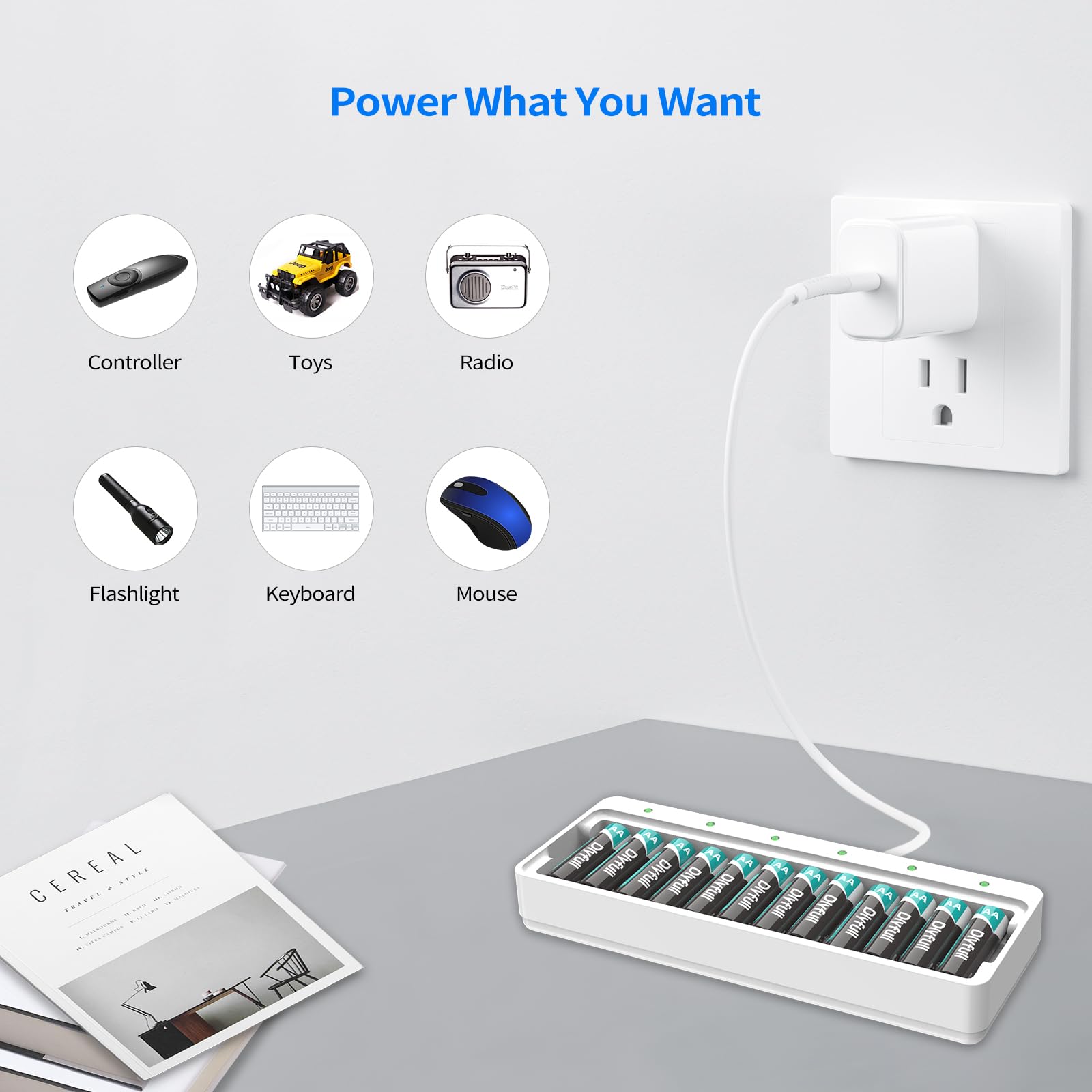 Dlyfull 12 Bay AA AAA Battery Charger, USB and Type-C Selectable High-Speeding Charging for Ni-MH Ni-CD Rechargeable Batteries, USB Cable Included