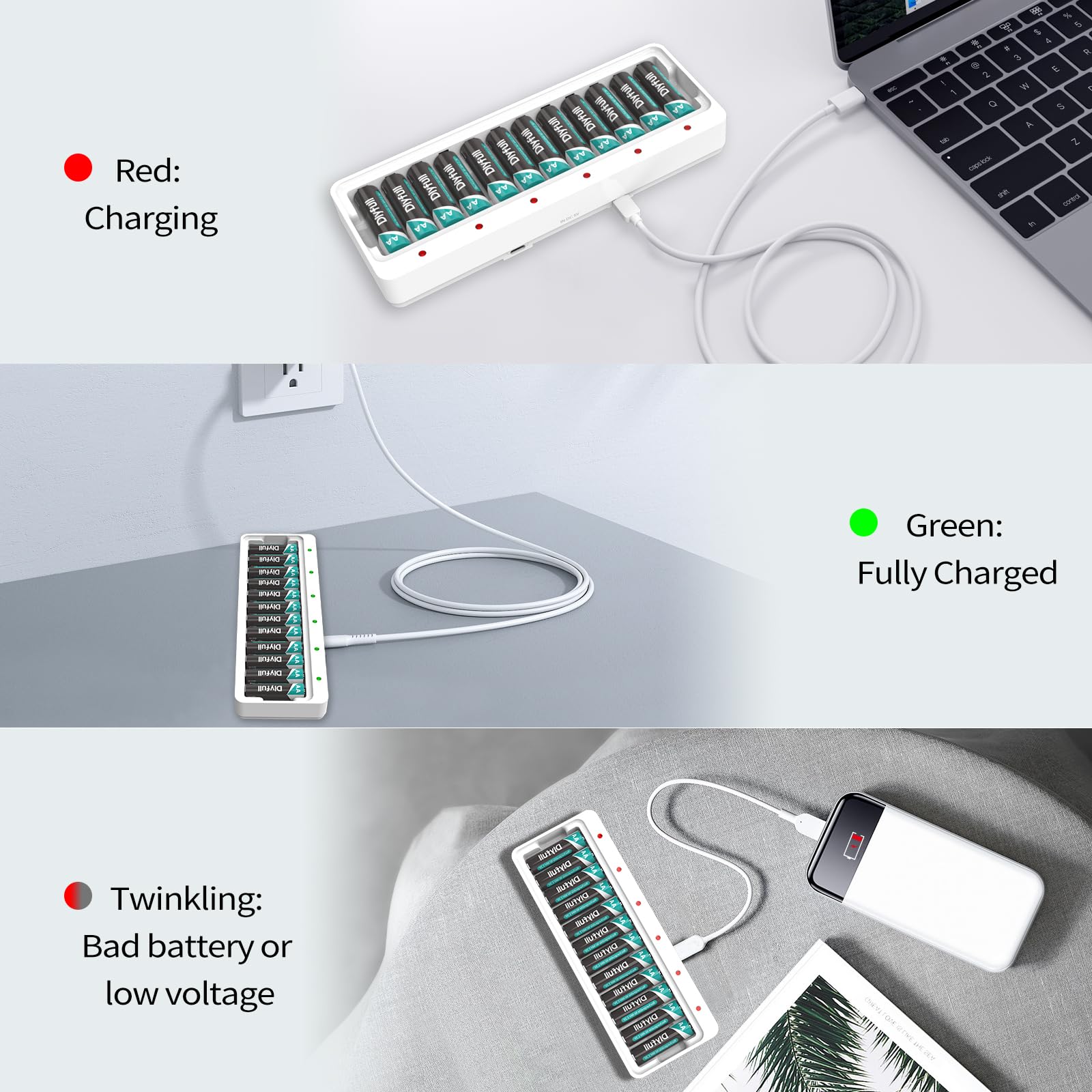 Dlyfull 12 Bay AA AAA Battery Charger, USB and Type-C Selectable High-Speeding Charging for Ni-MH Ni-CD Rechargeable Batteries, USB Cable Included