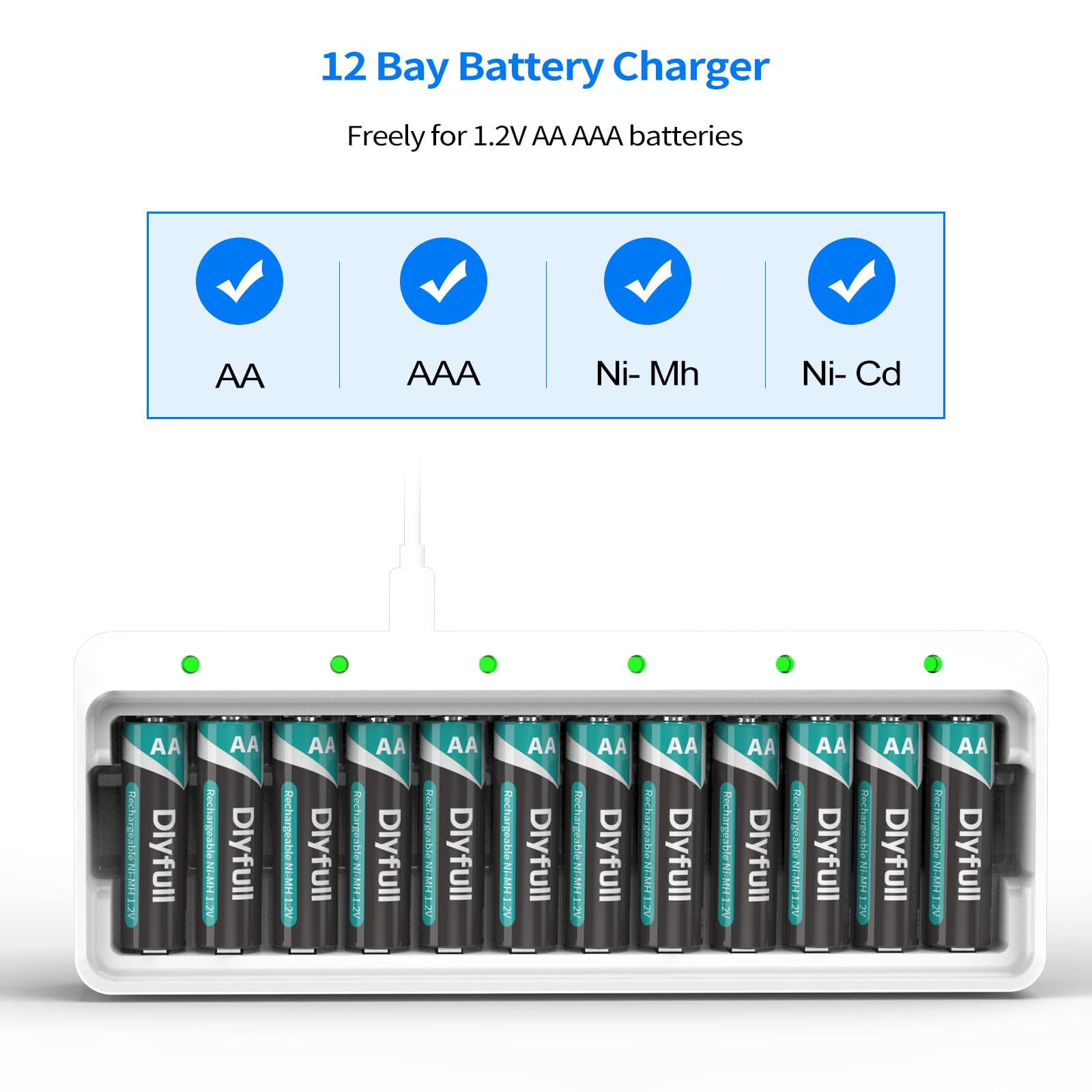 Dlyfull 12 Bay AA AAA Battery Charger, USB and Type-C Selectable High-Speeding Charging for Ni-MH Ni-CD Rechargeable Batteries, USB Cable Included