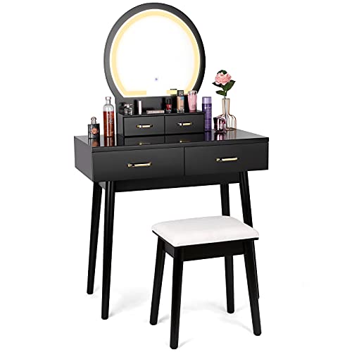 SMOOL Vanity Desk with Lighted Mirror - 3 Color Lighting Modes Adjustable Brightness, 4 Drawers Makeup Table with Soft Cushioned Stool for Bedroom Studio, Black