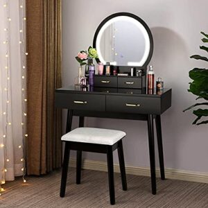 SMOOL Vanity Desk with Lighted Mirror - 3 Color Lighting Modes Adjustable Brightness, 4 Drawers Makeup Table with Soft Cushioned Stool for Bedroom Studio, Black