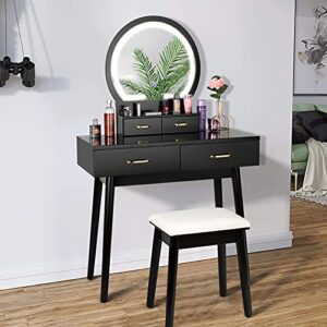 smool vanity desk with lighted mirror - 3 color lighting modes adjustable brightness, 4 drawers makeup table with soft cushioned stool for bedroom studio, black