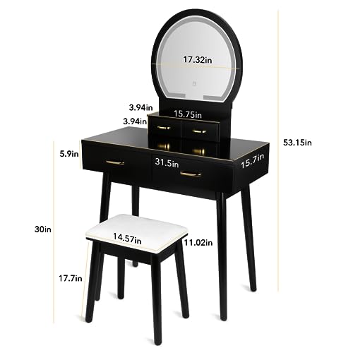 SMOOL Vanity Desk with Lighted Mirror - 3 Color Lighting Modes Adjustable Brightness, 4 Drawers Makeup Table with Soft Cushioned Stool for Bedroom Studio, Black