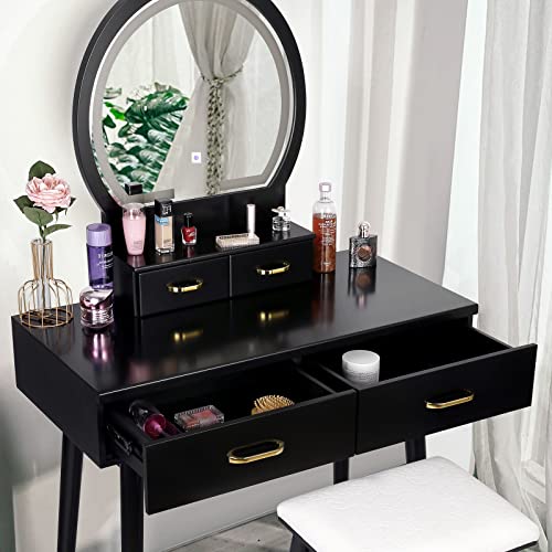 SMOOL Vanity Desk with Lighted Mirror - 3 Color Lighting Modes Adjustable Brightness, 4 Drawers Makeup Table with Soft Cushioned Stool for Bedroom Studio, Black