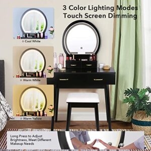 SMOOL Vanity Desk with Lighted Mirror - 3 Color Lighting Modes Adjustable Brightness, 4 Drawers Makeup Table with Soft Cushioned Stool for Bedroom Studio, Black