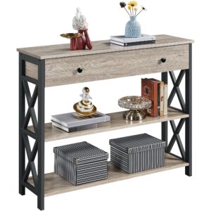 yaheetech console table with drawer, entryway table with 3 tier storage shelves, narrow long sofa table for entryway, living room, hallway, couch, kitchen, metal frame, gray