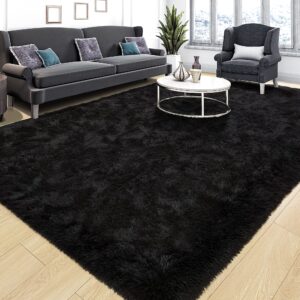 tepook super soft fluffy rug for bedroom, modern shaggy rug fuzzy kids rug for living room, plush indoor nursery home decor rug with non-slip bottom, black, 5 x 8 feet