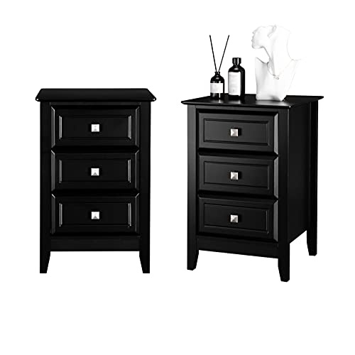 Bonnlo Upgraded Black Nightstand with Drawers, Night Stands for Bedrooms Set of 2, Modern Bed Side Table/Night Stand with Metal Knobs for Small Spaces, College Dorm, Kids’ Room, Living Room, 24H