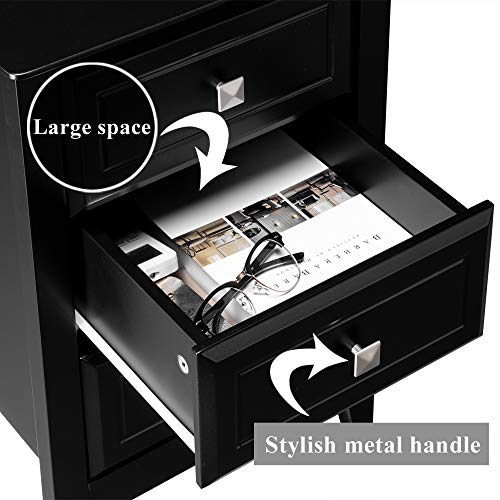 Bonnlo Upgraded Black Nightstand with Drawers, Night Stands for Bedrooms Set of 2, Modern Bed Side Table/Night Stand with Metal Knobs for Small Spaces, College Dorm, Kids’ Room, Living Room, 24H