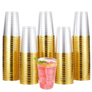 jolly chef 100 pack gold plastic cups, 12 oz clear plastic cups tumblers, elegant gold rimmed plastic cups, disposable cups with gold rim perfect for wedding, thanksgiving day, christmas party cups