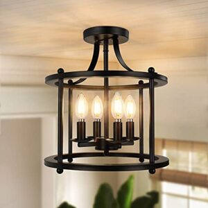 farmhouse semi flush mount ceiling light fixture, 4-light industrial ceiling light matte black w/ e12 base metal rustic vintage chandelier lighting for kitchen dining room hallway entryway bedroom