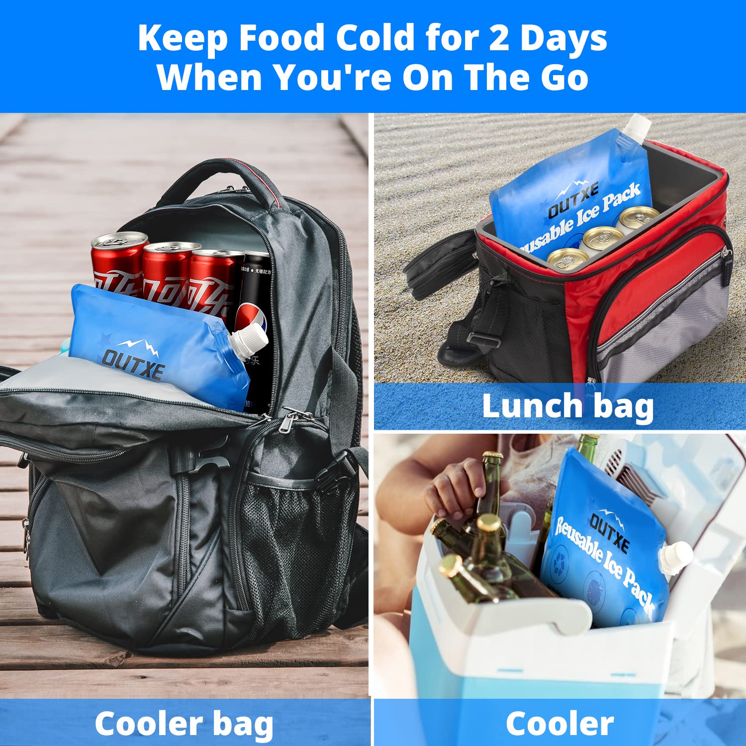 OUTXE Ice Pack for Cooler 4 -Pack Long Lasting Reusable Cold Freezer Packs for Coolers & Cooler Backpack