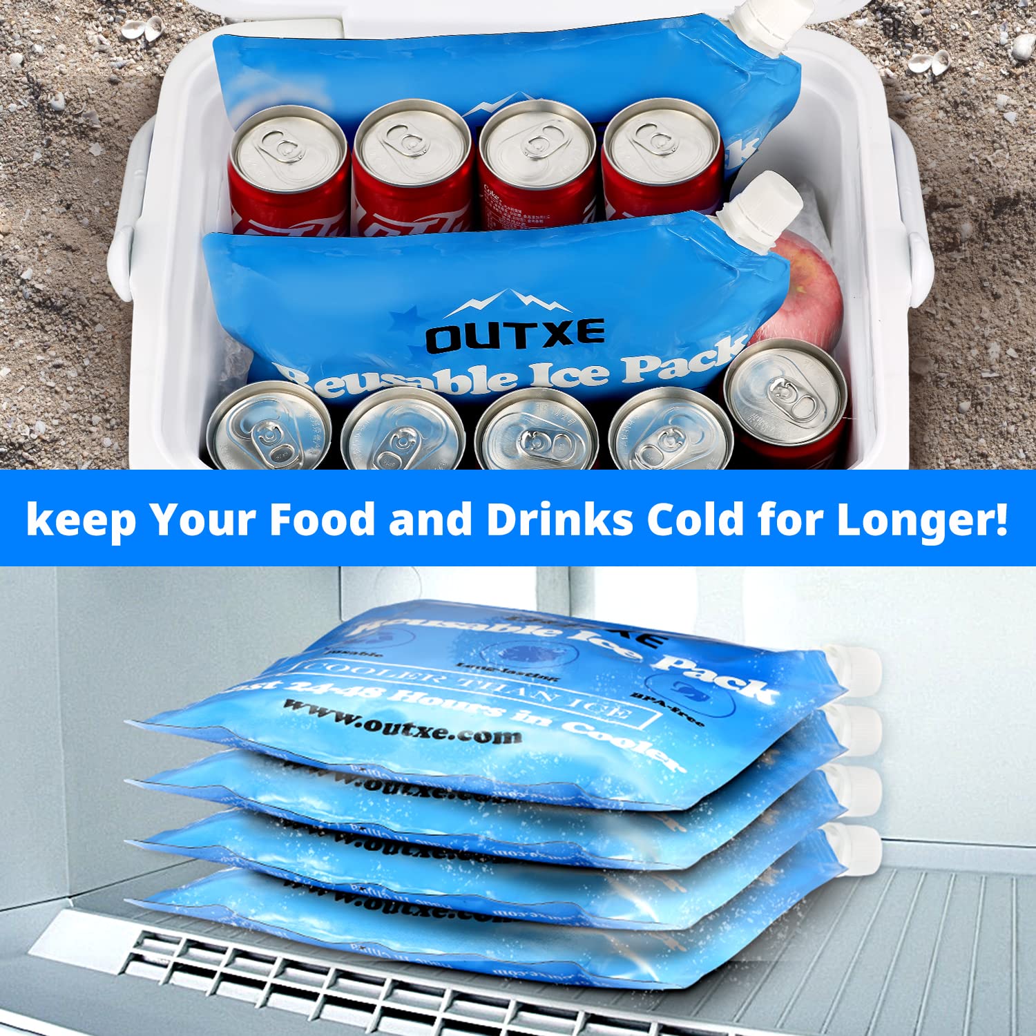 OUTXE Ice Pack for Cooler 4 -Pack Long Lasting Reusable Cold Freezer Packs for Coolers & Cooler Backpack