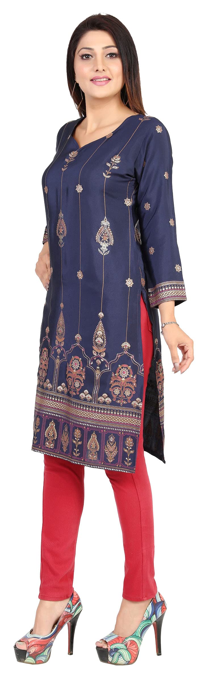 Indian Kurtas for Women Silk Long India Kurti Tunic Party Wear Tops (Blue, 3XL)