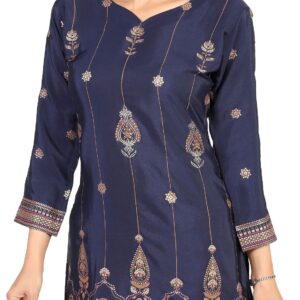 Indian Kurtas for Women Silk Long India Kurti Tunic Party Wear Tops (Blue, 3XL)