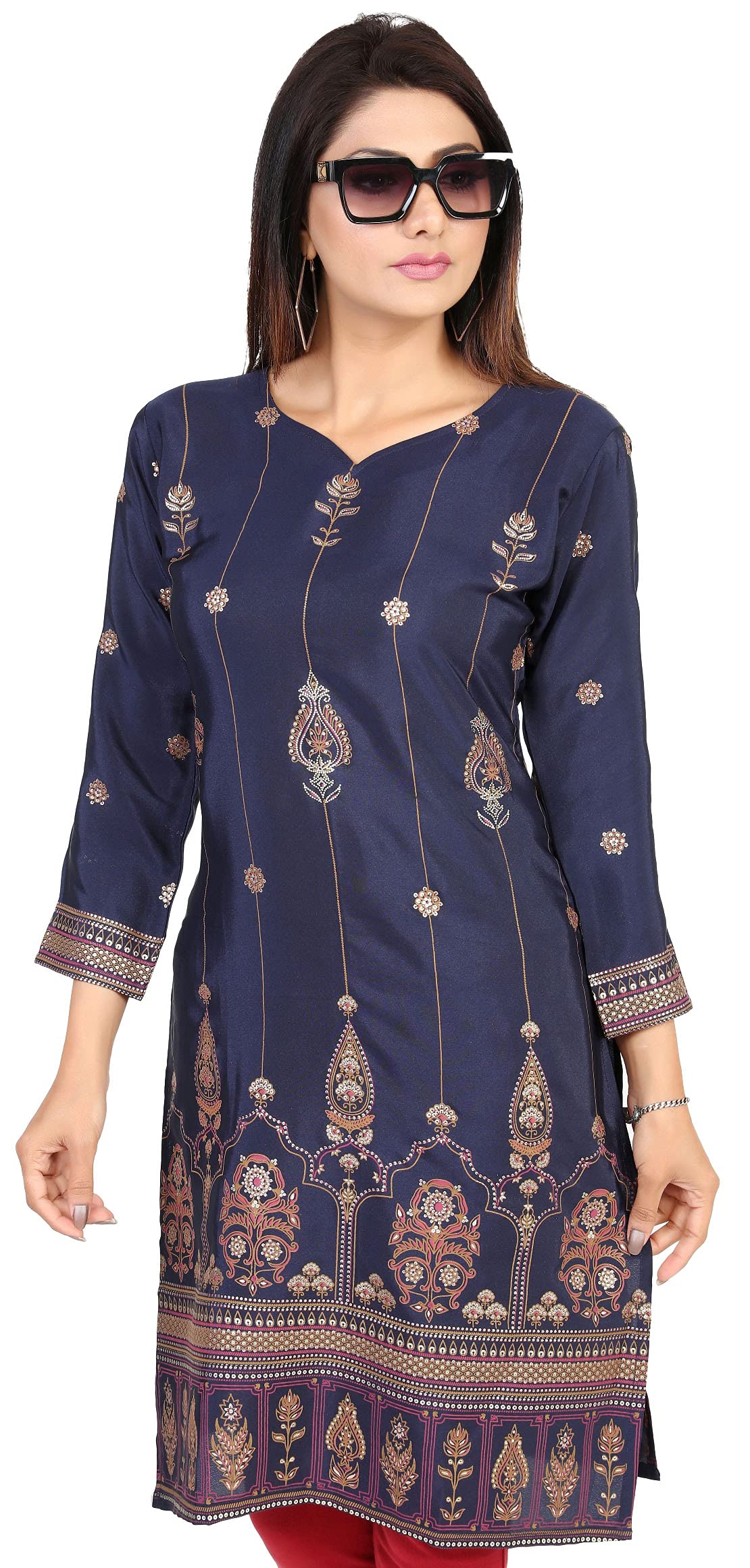 Indian Kurtas for Women Silk Long India Kurti Tunic Party Wear Tops (Blue, 3XL)