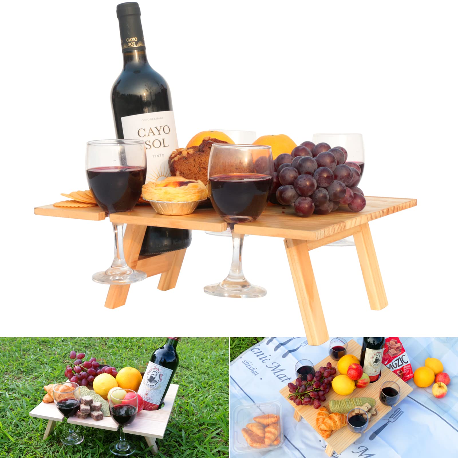 Outdoor Wine Picnic Table,Folding Portable Bamboo Tray with 4 Wine Glass Holder for Cheese and Fruit, Ideal for Camping, Beach, Wine Gifts for Women