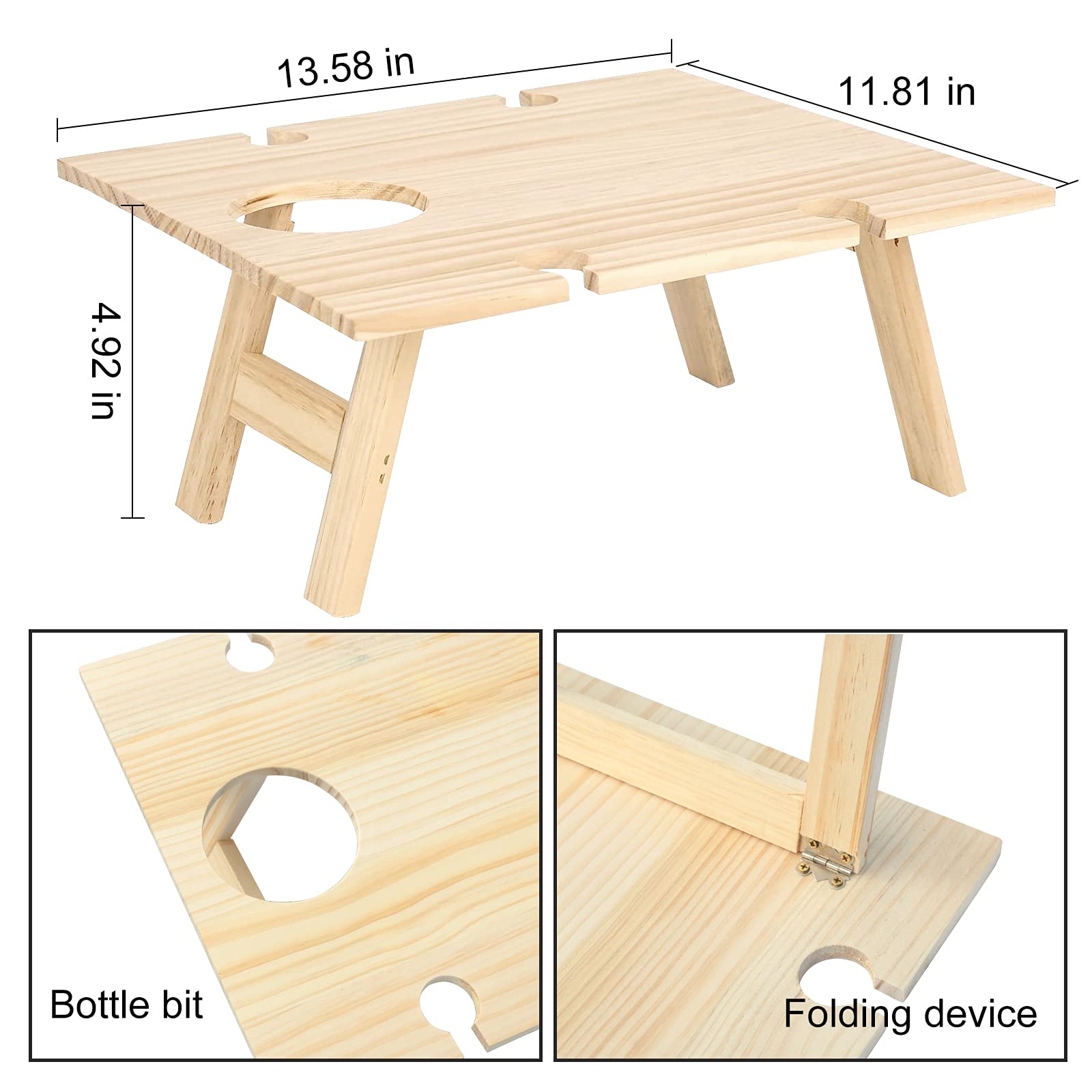 Outdoor Wine Picnic Table,Folding Portable Bamboo Tray with 4 Wine Glass Holder for Cheese and Fruit, Ideal for Camping, Beach, Wine Gifts for Women