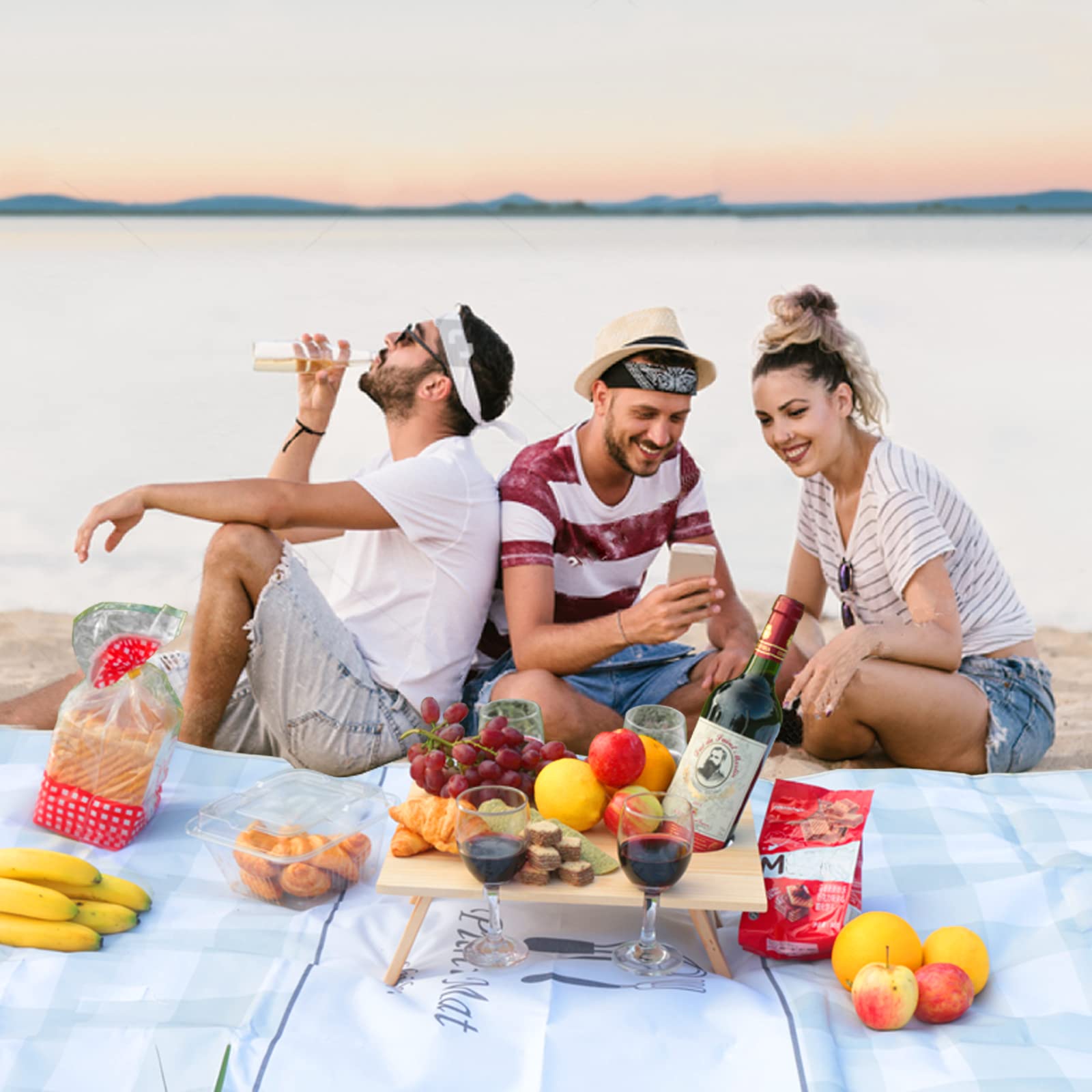 Outdoor Wine Picnic Table,Folding Portable Bamboo Tray with 4 Wine Glass Holder for Cheese and Fruit, Ideal for Camping, Beach, Wine Gifts for Women