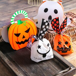 100 Pcs Halloween Goodie Bags Pumpkin Ghost Trick or Treat Candy Bags Bunny Rabbit Cookie Snacks Goody Bags Trick or Treating Gift Bags Parade Festival Party Decorations Supplies Favors White