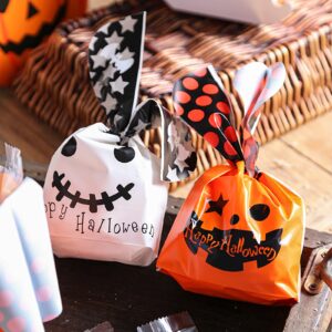 100 Pcs Halloween Goodie Bags Pumpkin Ghost Trick or Treat Candy Bags Bunny Rabbit Cookie Snacks Goody Bags Trick or Treating Gift Bags Parade Festival Party Decorations Supplies Favors White