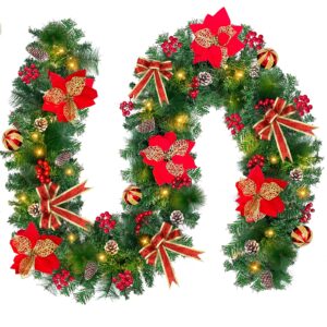 timer & 8 modes - 9 ft prelit christmas garland decorations with 100 lights 300 branches 5 poinsettias 4 xmas balls 18 pinecones needles 198 berries battery operated christmas decoration indoor home