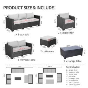 Rattaner Patio Furniture Sets 7 Pieces Outdoor Furniture Sectional Patio Couches Set Storage Table Non-slip Grey Cushions and Waterproof Covers