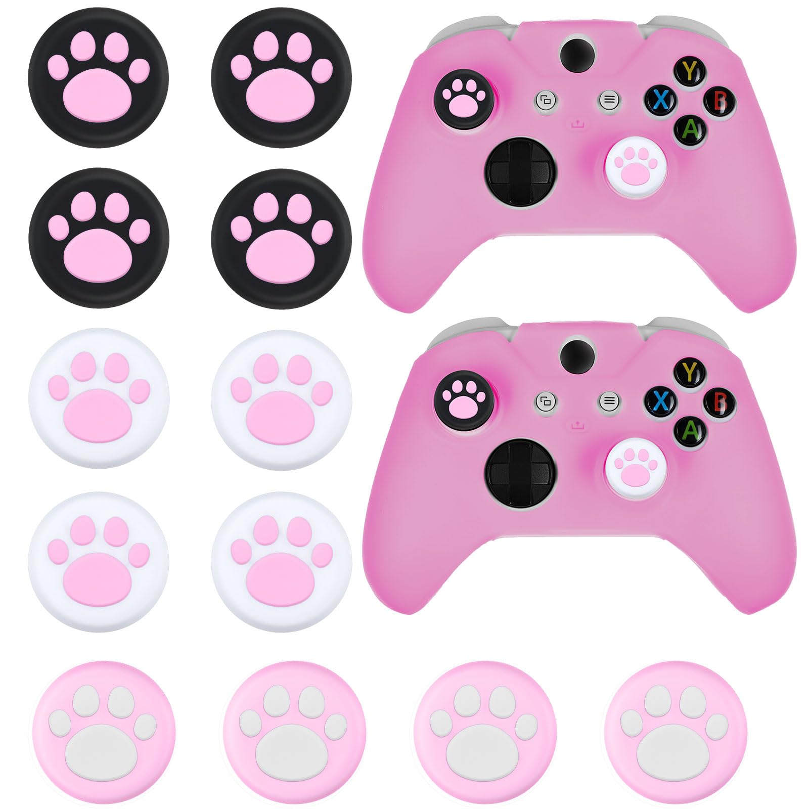 Chalyna 14 Pcs Controller Skins Anti-Slip Accessories Set Silicone Cover Protector Case Compatible with Xbox One/S/X Controller Wireless/Wired Gamepad Joystick with 12 Cat Paw Thumb Grips (Pink)