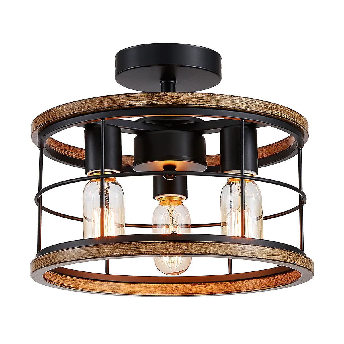 LOOYD Semi Flush Mount Ceiling Light Fixture Vintage Ceiling Light Farmhouse Ceiling Light Metal Cage Ceiling Lamp for Kitchen Dining Room Hallwa Bedroom Living Room (Wood Grain)